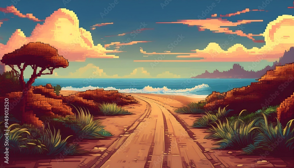 Pixelated Deserted Coastal Road - quiet, empty road lined with sparse ...