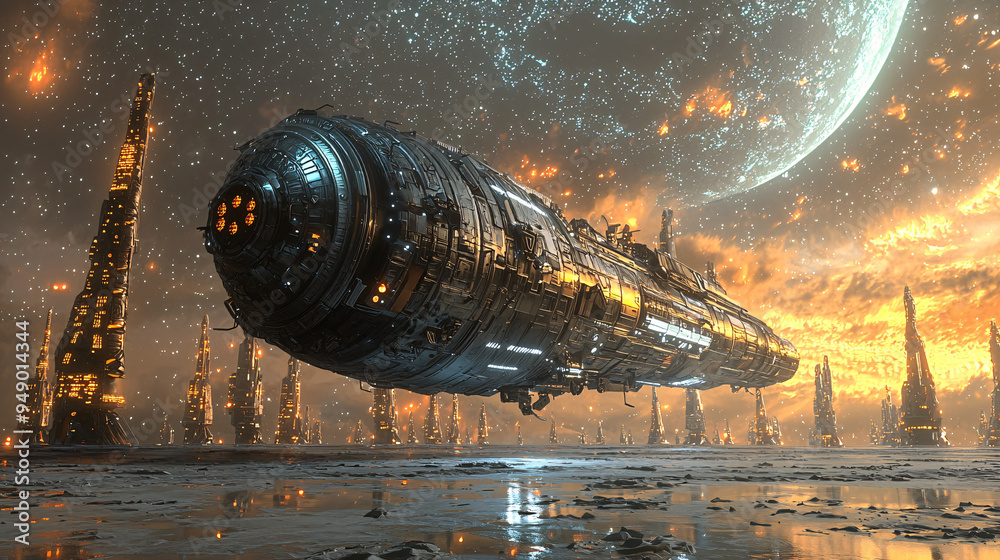 Sci-fi spacecraft landing on a futuristic planet with advanced energy ...