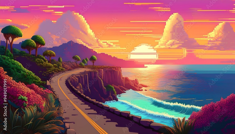 Pixelated Coastal Road at Sunset - pixel art scene with a two-lane road ...