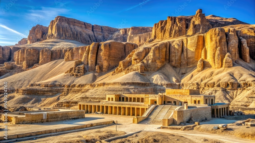 Ancient pharaonic tombs and monumental stone structures rise from the ...