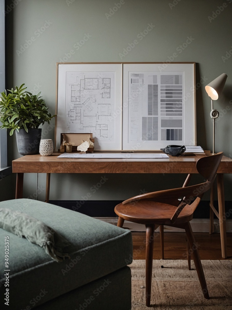 An interior designer's workstation with architectural plans, a color ...