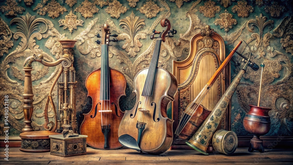 Elegant arrangement of vintage classical musical instruments, including ...