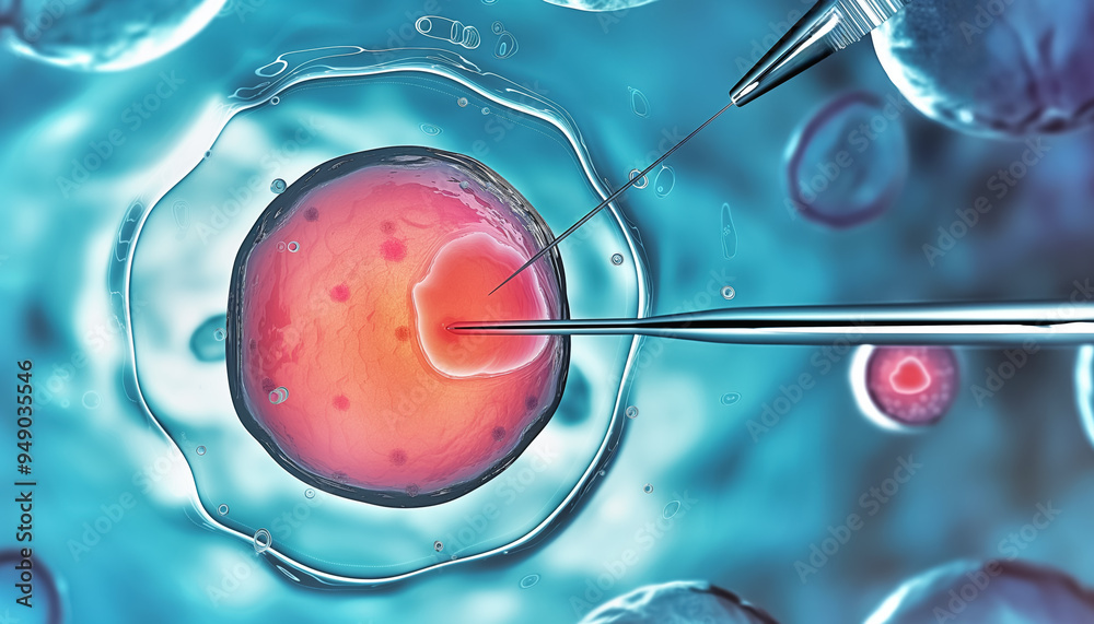 Medical needle injection into human egg cell microscopy detail, IVF In ...