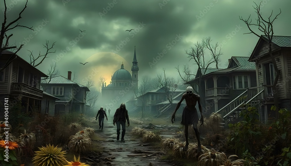 Zombies wander through an eerie, abandoned town under a green sky with ...