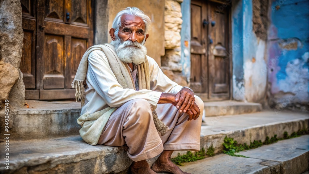 Elderly Indian man with wispy white hair and kind eyes, wearing a ...