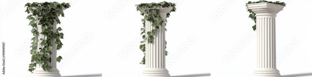 White marble greek columns with green ivy creepers. Pathway of climbing ...