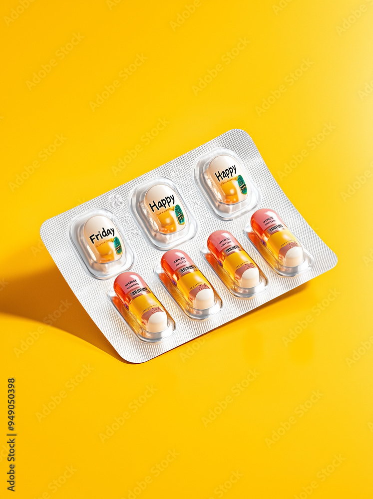 The social media post showcases an pill packaging with the text "Happy ...