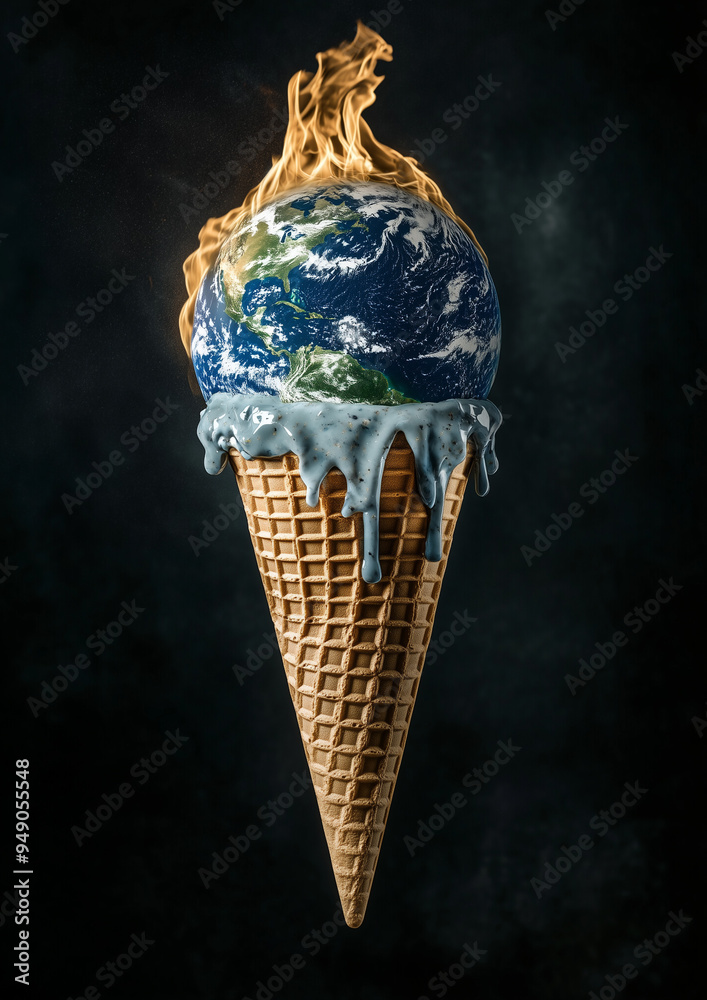 The poster shows an ice cream cone with the Earth melting on top ...