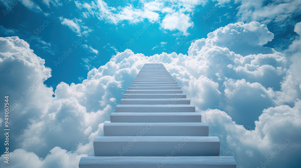 Stairway leading up through the clouds into a bright blue sky ...