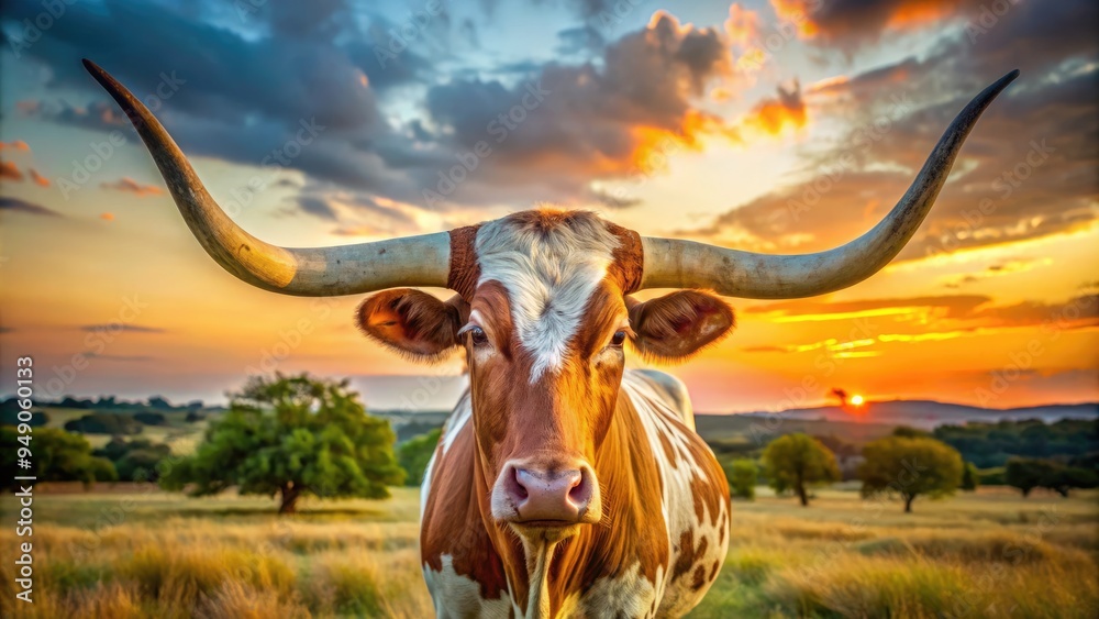 Majestic longhorn cattle's distinctive facial features prominently ...