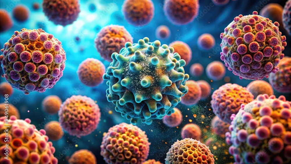 ภาพประกอบสต็อก Microscopic view of abnormal cancer cells with irregular ...