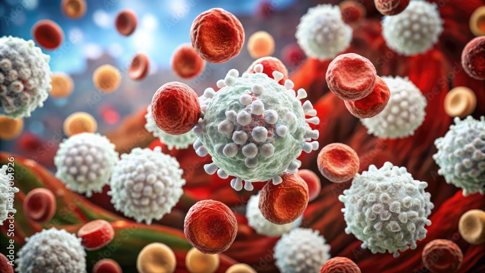 Microscopic view of blood cells showing abnormal white blood cell ...
