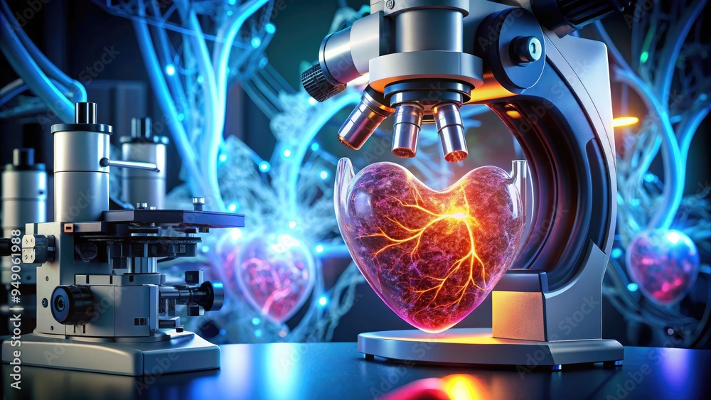 Microscopic view of cardiac cells with fluorescent staining ...