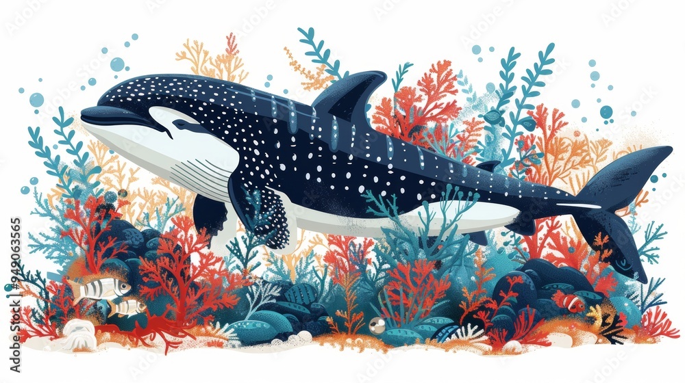 Animated modern illustration of fish and wild marine animals in ocean ...