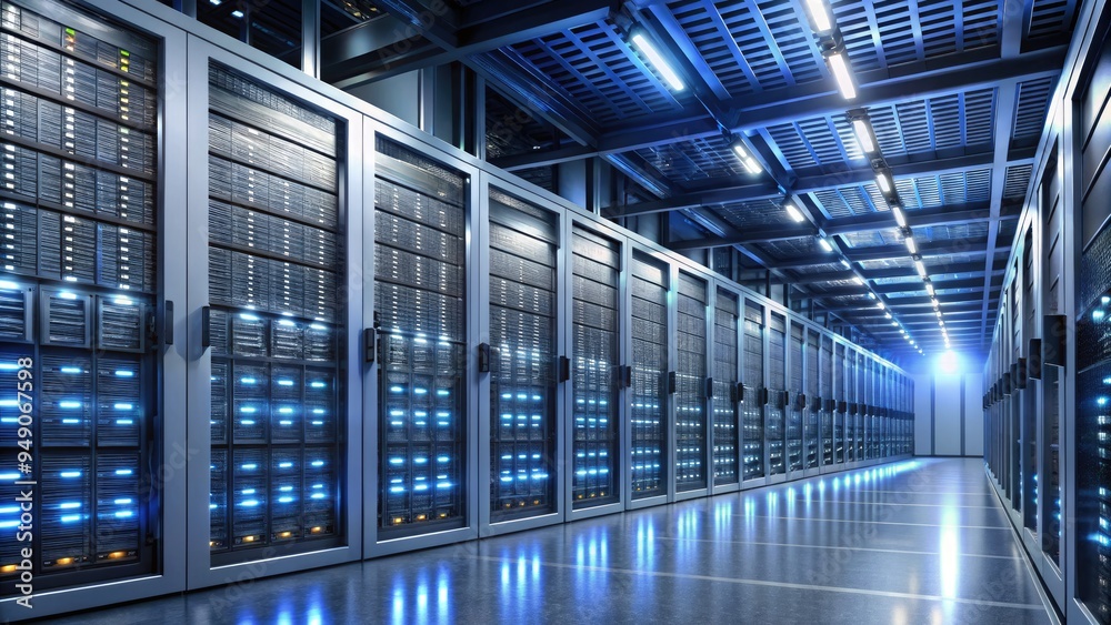 Row upon row of sleek, silver server racks lined with blinking lights ...