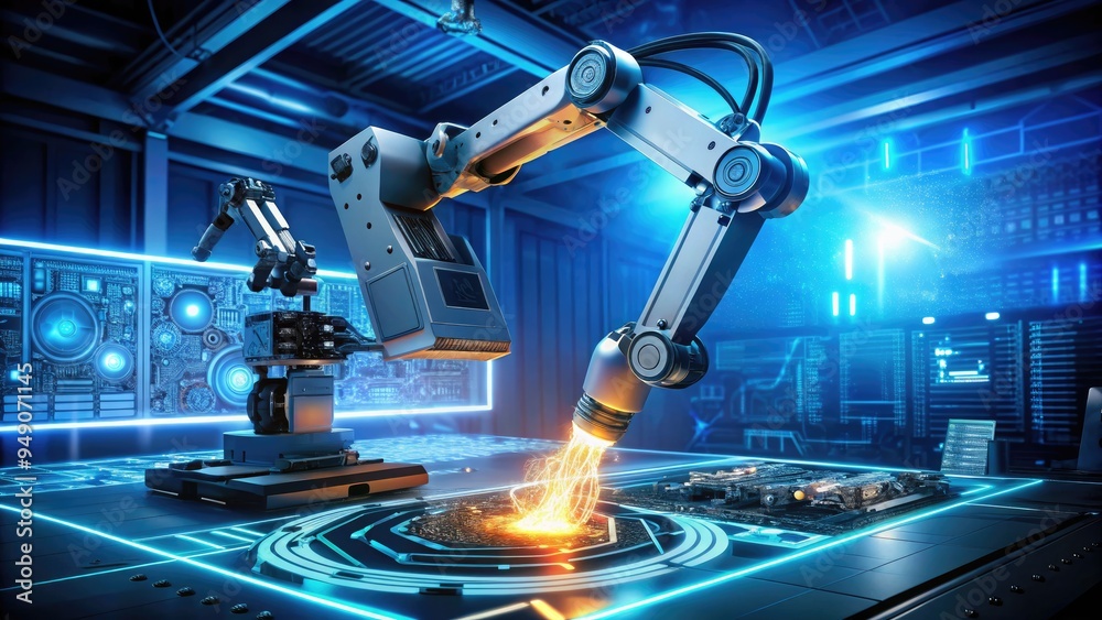 Sleek robotic arm with precision tools navigates futuristic virtual ...