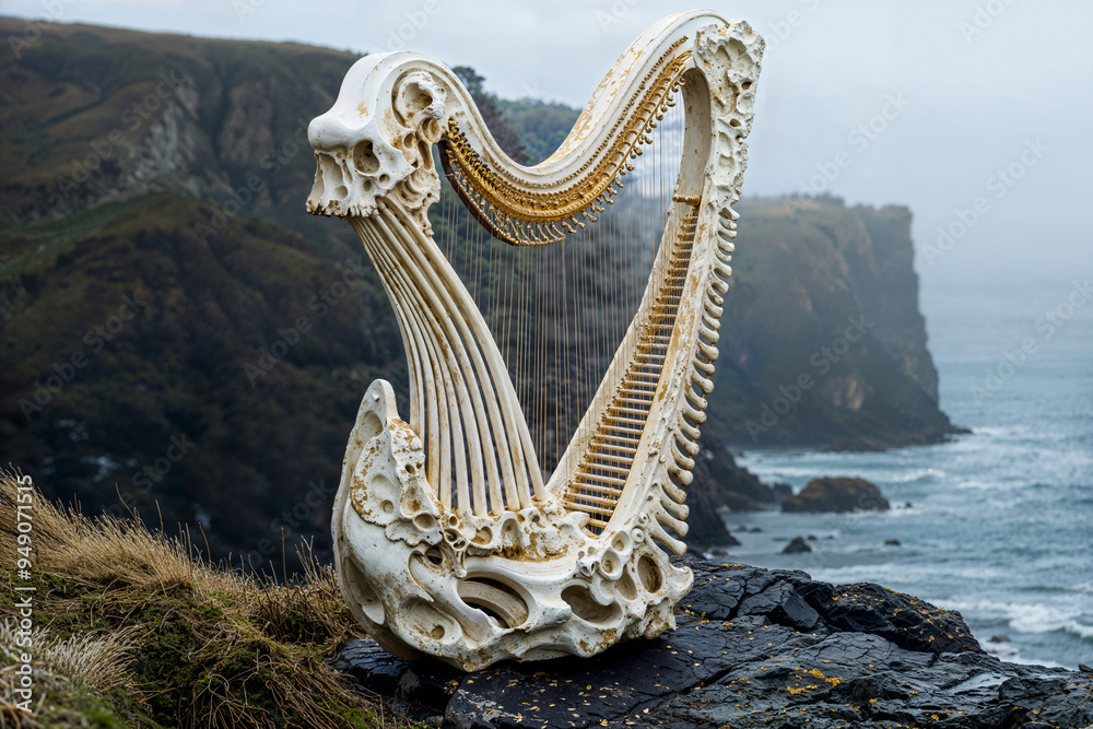 Harp made of bone on rocky ocean cliff, singing bone folklore fairy ...