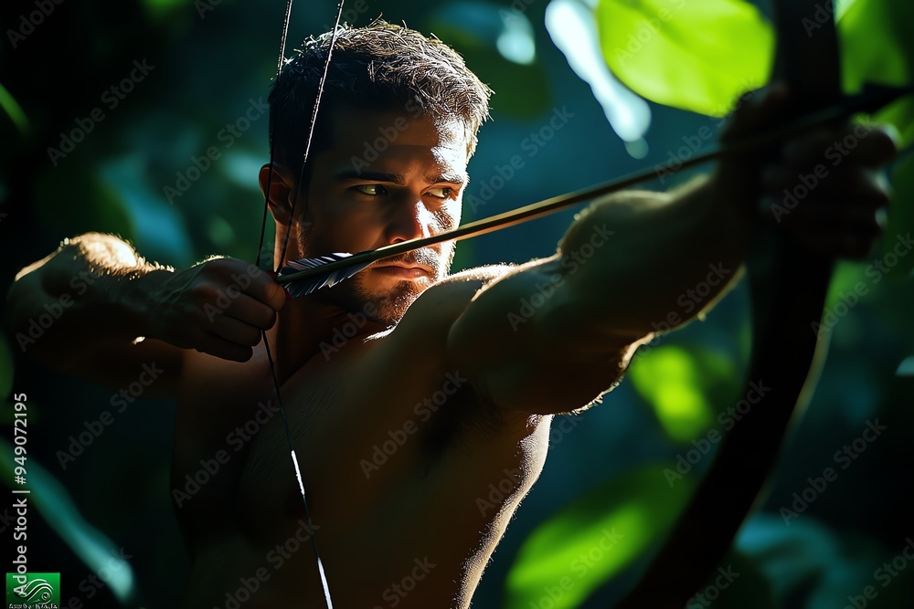 Hunting Forest with a bow and arrow, illustrated with the hunter ready ...