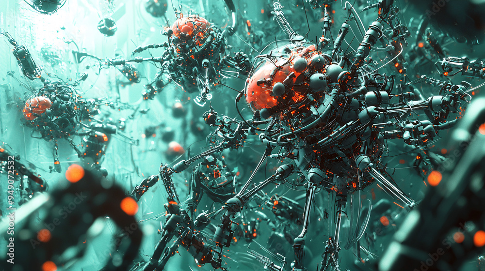 Nano-robots, CGI image: A computer-generated image of a swarm of nano ...