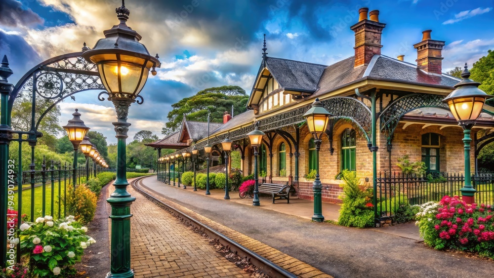 Historic Victorian-era railway station with ornate iron gates, vintage ...