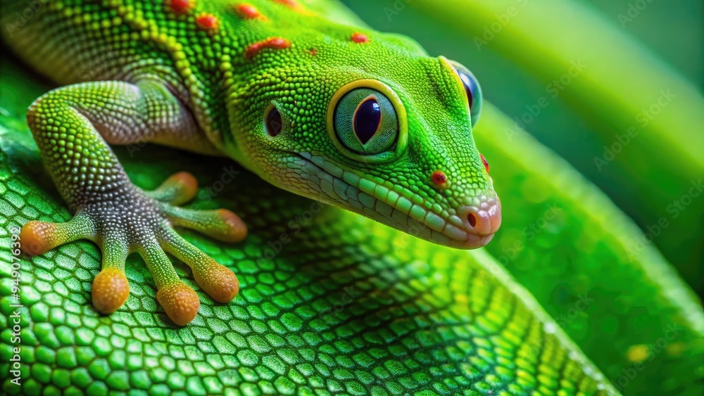 Vibrant green gecko's tiny toes and claws grip a delicate leaf ...