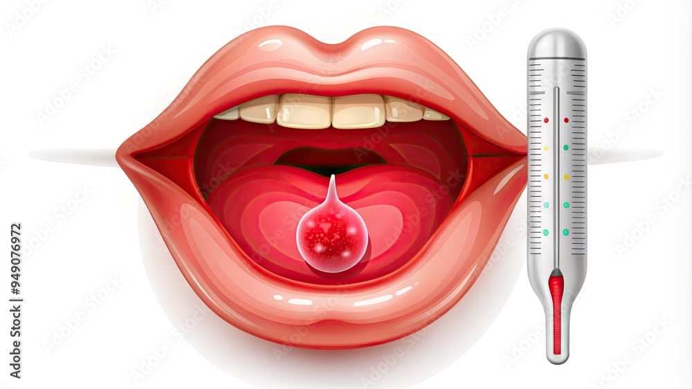 Illustrated red inflamed tonsils icon with a thermometer and pain ...