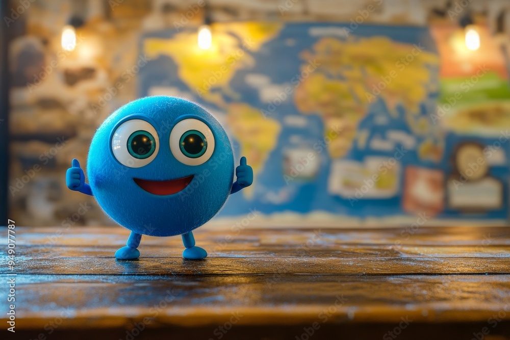An animated blue ball with eyes and arms is standing in front of an ...