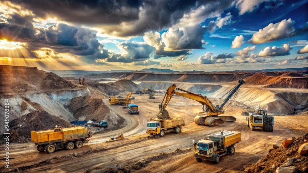 Industrial excavator digging into rugged terrain, surrounded by massive ...