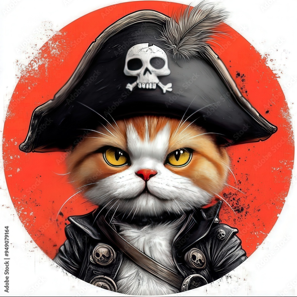 calico cat as a pirate in a circle frame game portrait, cartoon gaming ...