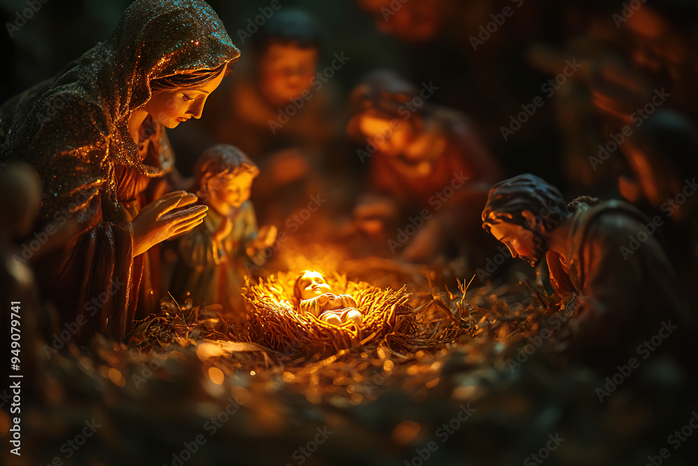 A nativity scene with Mary and Joseph looking down at the baby Jesus ...