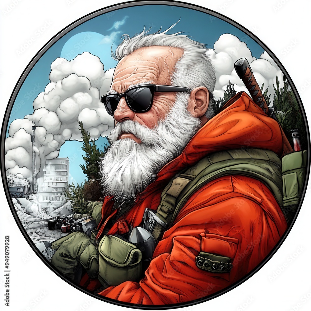disaster male prepper in a circle frame game portrait, cartoon gaming ...