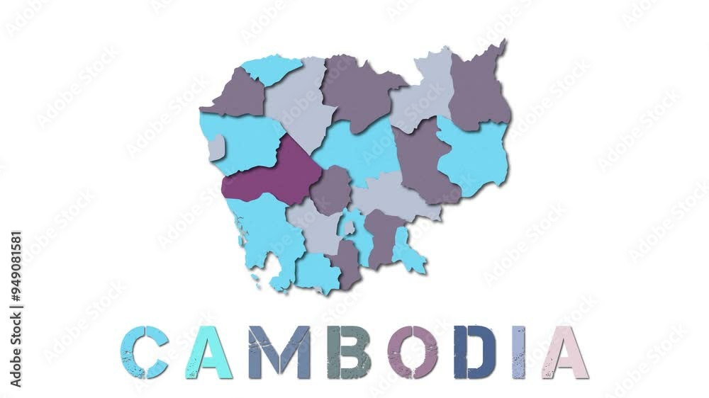 Cambodia map with paper regions. Animated country map growing from ...