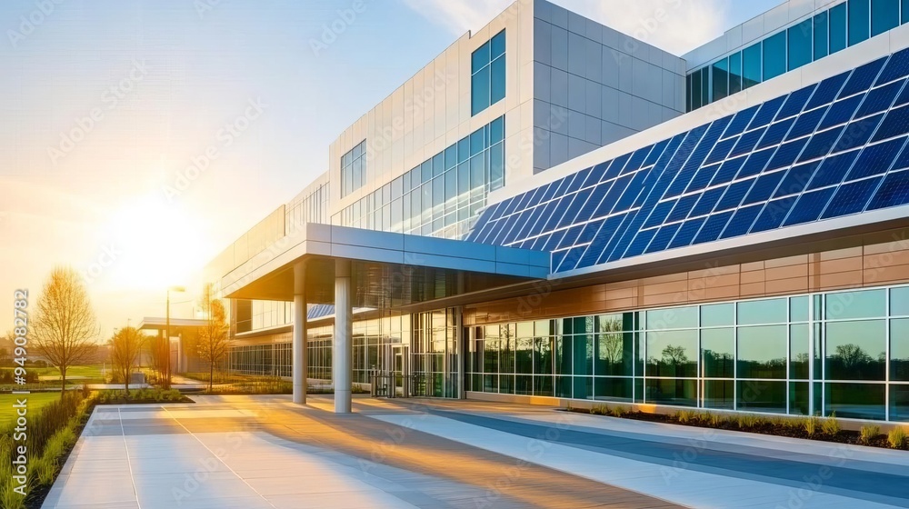 Modern hospital exterior with sustainable design and solar panels, eco ...