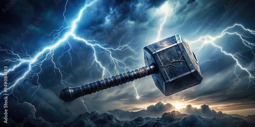Legendary Thor's Hammer Mjolnir with Lightning Bolts and Dark Skies in Moody Ominous Color ...