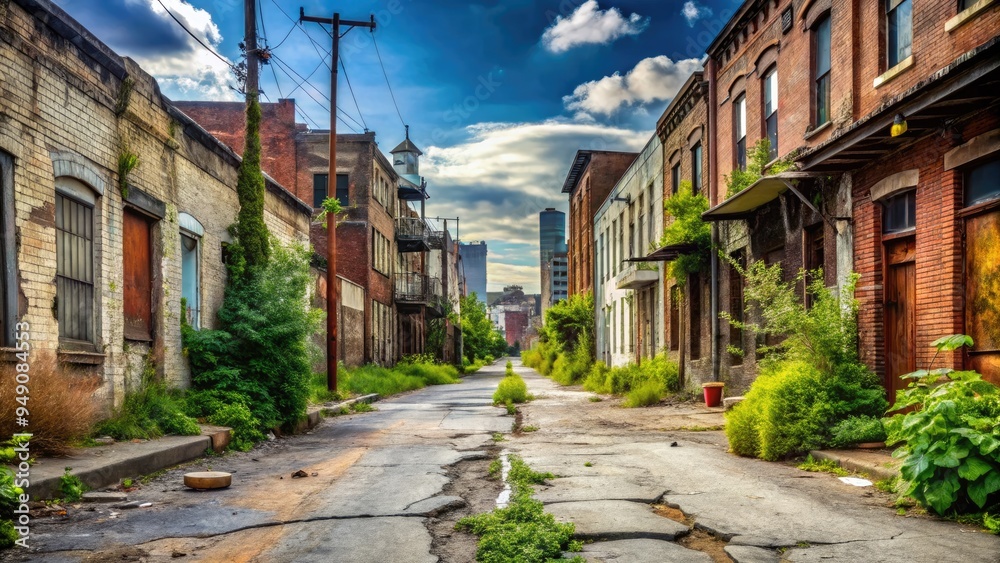 Littered trash and debris scattered across cracked, worn asphalt, with ...