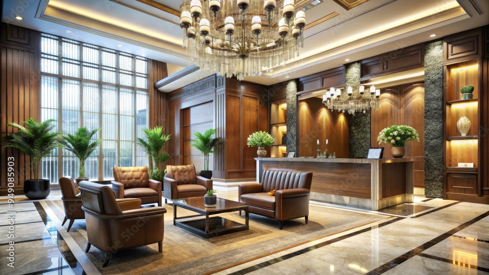 Luxurious hotel lobby with modern reception desk, leather armchairs ...