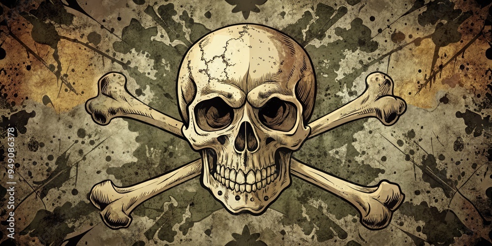 macabre vector illustration of skulls and crossbones with distressed ...