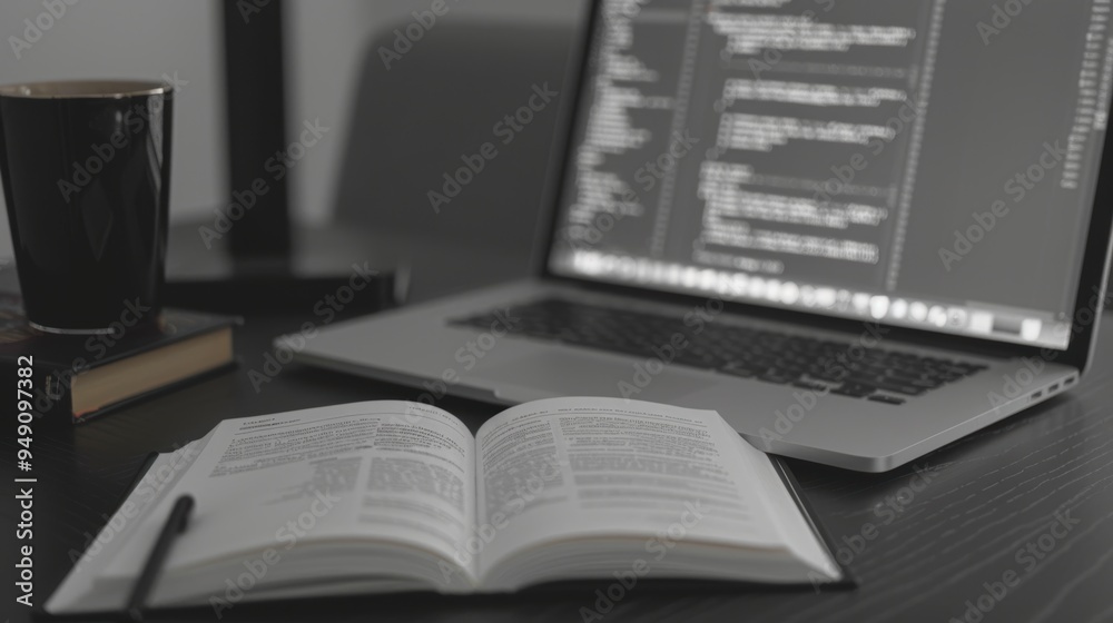 Programmer reading textbook learning coding on laptop computer with ...