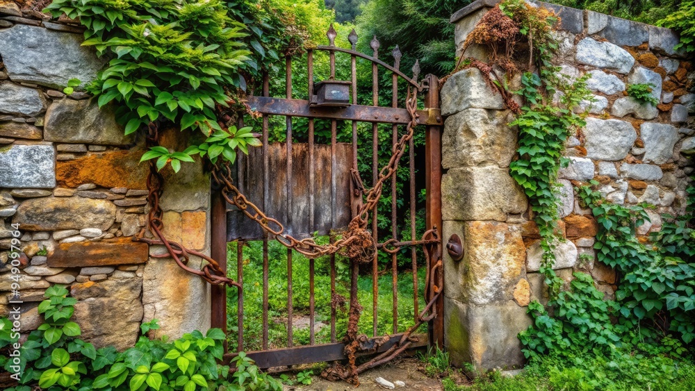 Rusty metal gate leaning against a stone wall, broken hinges and worn ...