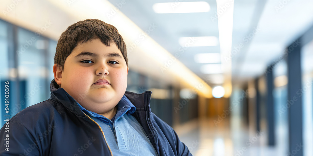 Sad fat boy child in school uniform on the background of empty school ...