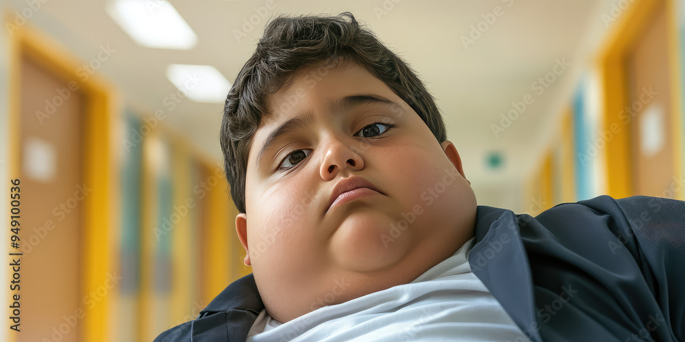 Sad fat boy child in school uniform on the background of empty school ...