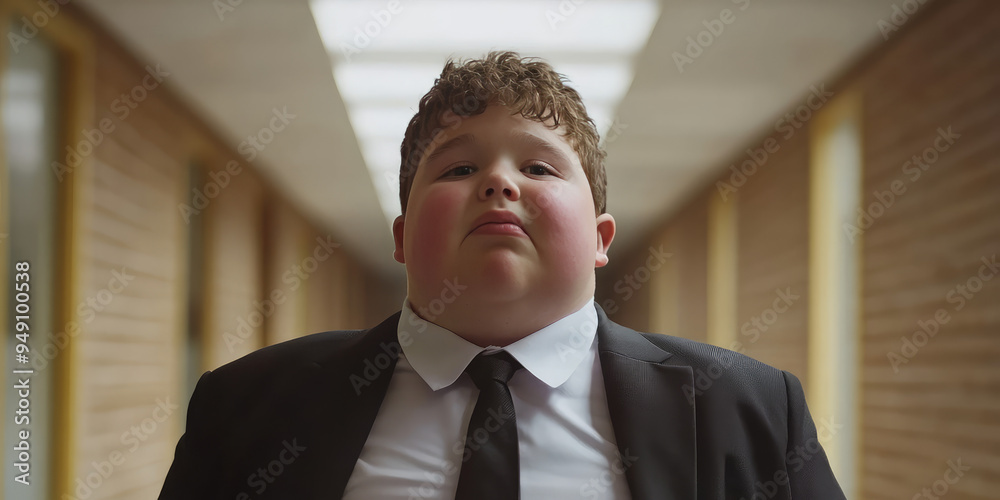 Sad fat boy child in school uniform on the background of empty school ...