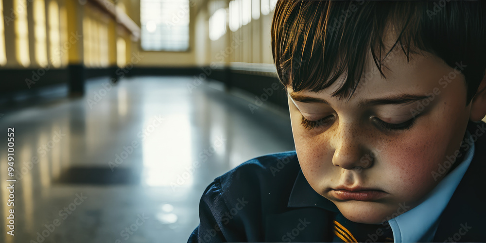 Sad fat boy child in school uniform on the background of empty school ...
