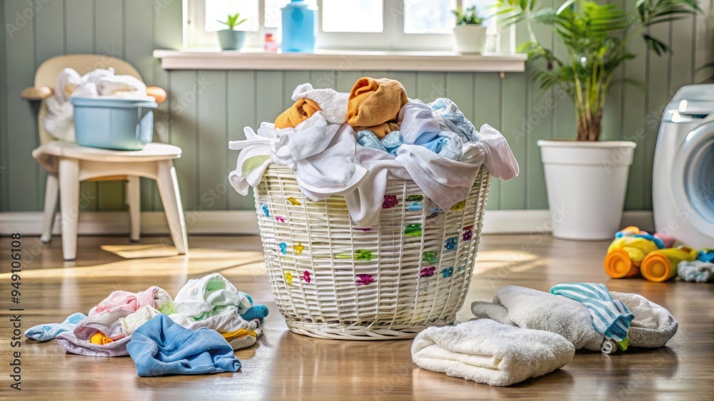 Soaked and soiled diapers overflow from a laundry basket amidst a ...