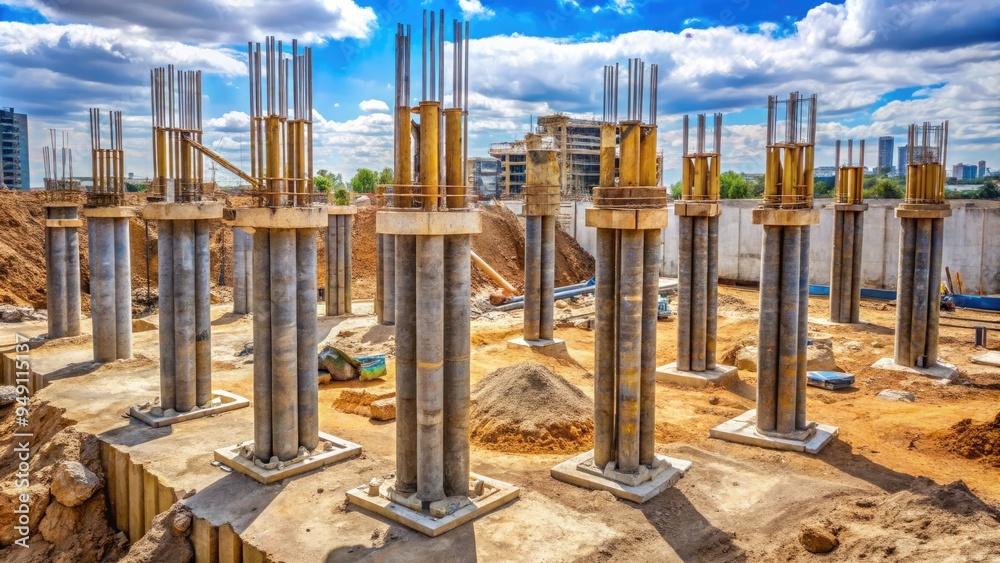 Sturdy reinforced concrete piles driven deep into the earth, supporting ...