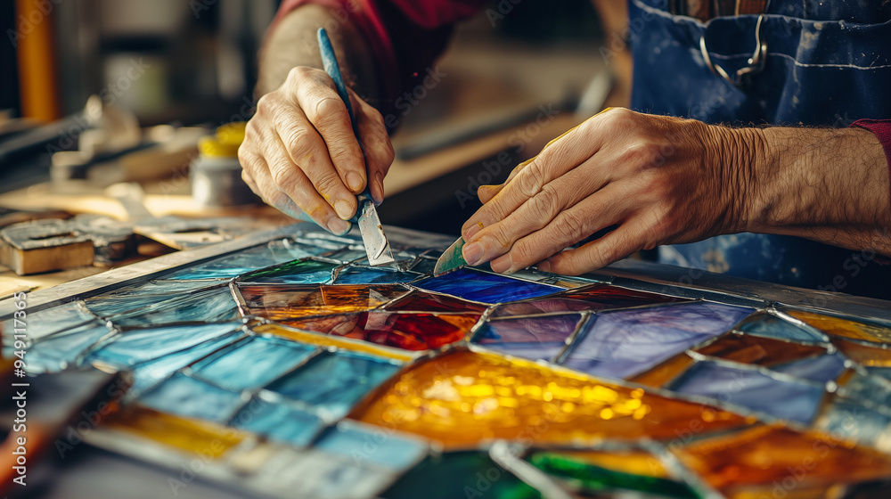 Stained Glass Artist Cutting Colored Glass: Design Sketch and Glass ...