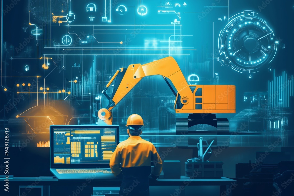 The Future of Construction: A construction worker monitors a digital ...