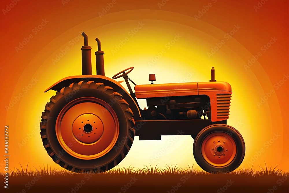 Retro-style farm tractor silhouette in a bold orange and yellow color ...