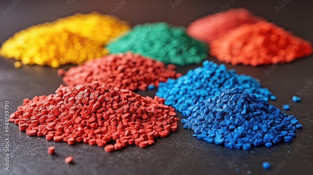 Colorful plastic pellets on a black surface. Illustrates different ...