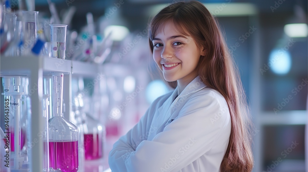 Young girl in white scientist outfit in laboratory smiling proudly in ...